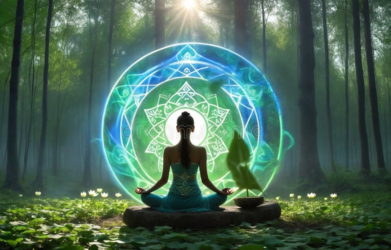 Girl in Lotus Pose Practicing Meditation in Spring Forest in Magic ...