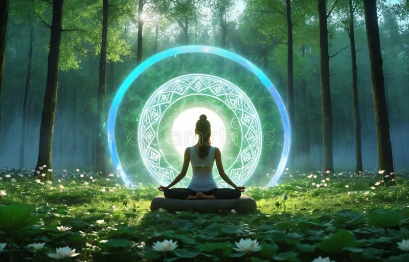 Girl in Lotus Pose Practicing Meditation in Spring Forest in Magic ...