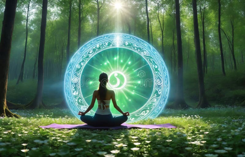 Girl in Lotus Pose Practicing Meditation in Spring Forest in Magic ...
