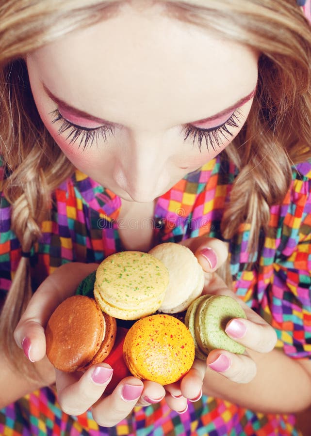 Girl Loves Colorful Macaroons Stock Photo - Image of colorfultasty ...