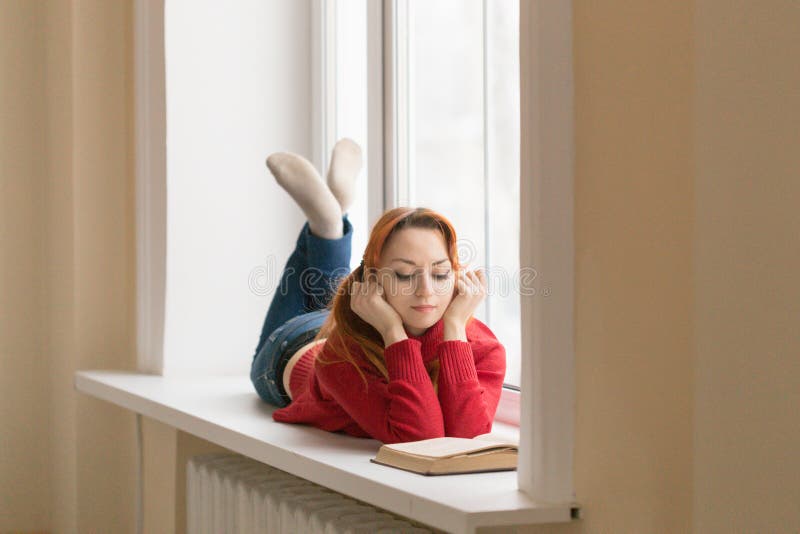 Girl Lying Window Sill Reading Book Stock Photos - Free & Royalty-Free ...