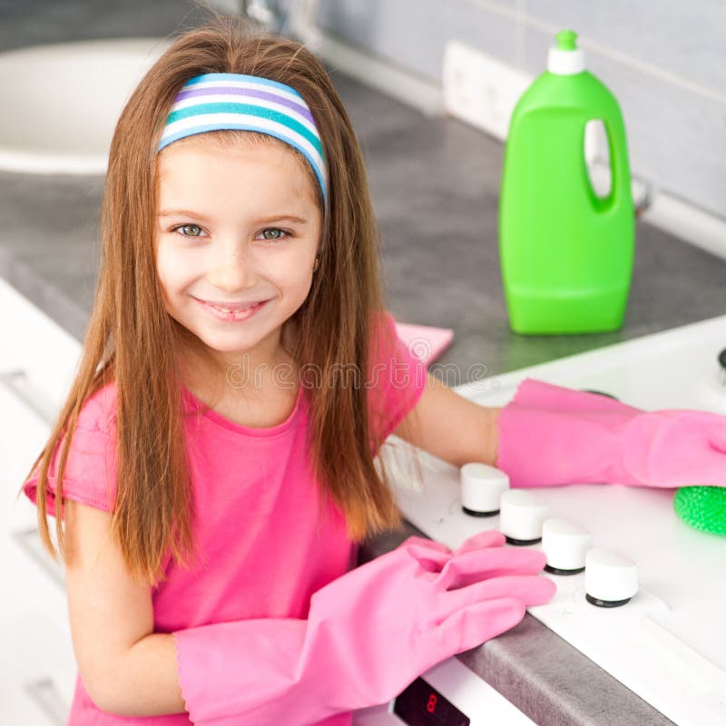 Girl Make Cleaning in the Kitchen Stock Image - Image of glove ...