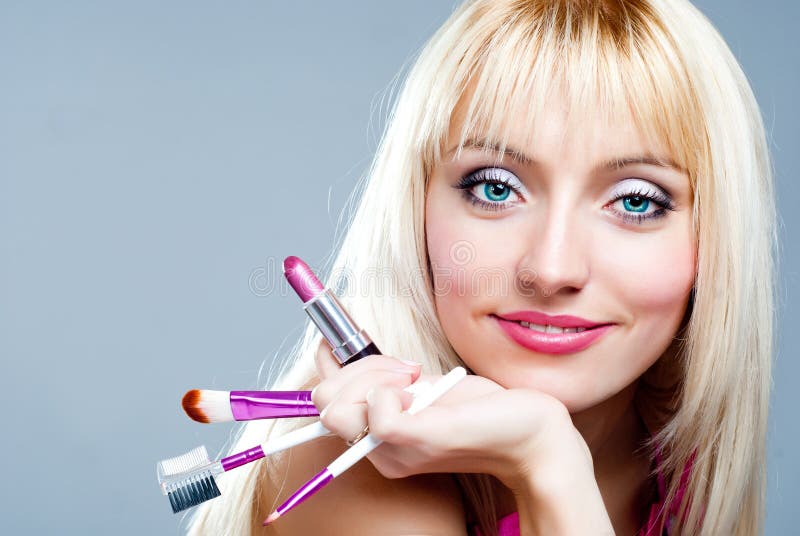 Beautiful Young Girl Applying Makeup, Home Outdoor Stock Photo - Image ...