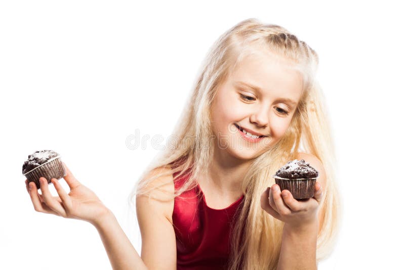 Girl Making a Choice between Two Cakes Stock Photo - Image of hand ...
