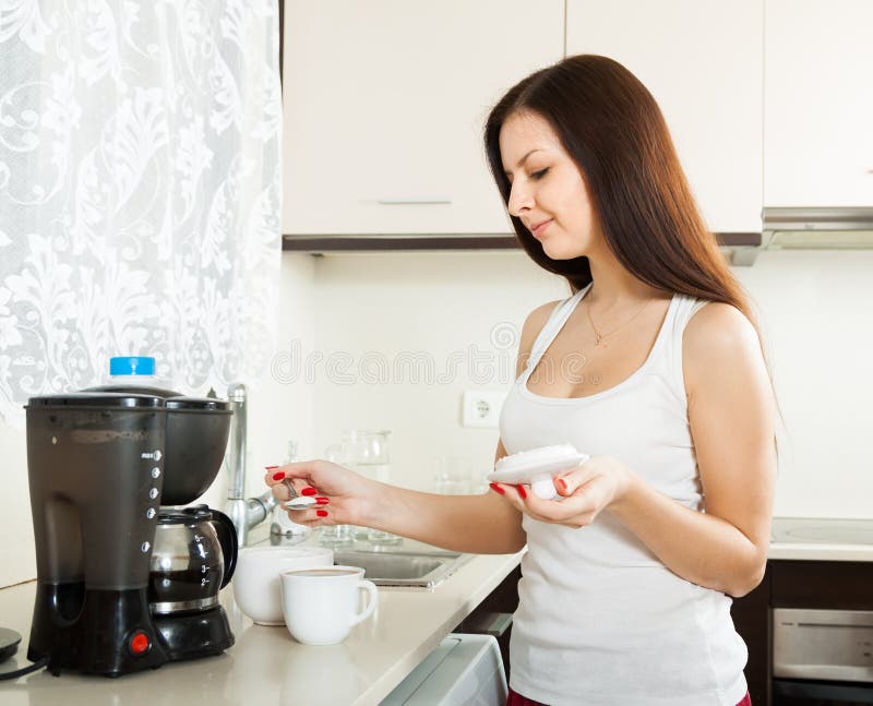 Girl Making Coffee. Close-up Stock Image - Image of breakfast, people ...