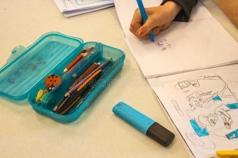 Girl Making Drawing at School Stock Photo - Image of concentration ...