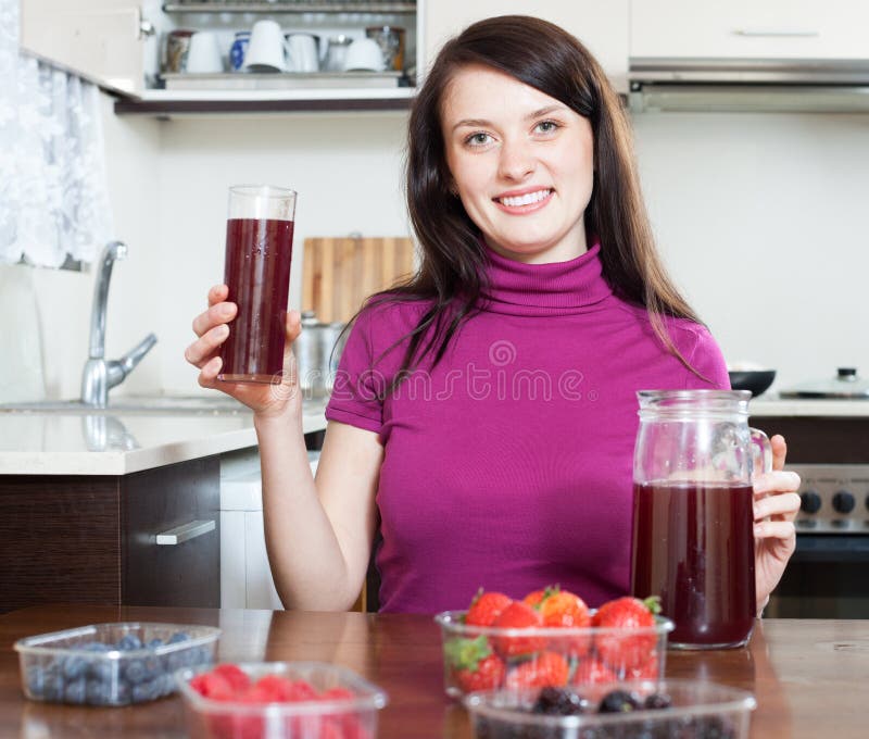 Girl Making Fresh Beverages with Berries Stock Photo - Image of kitchen ...