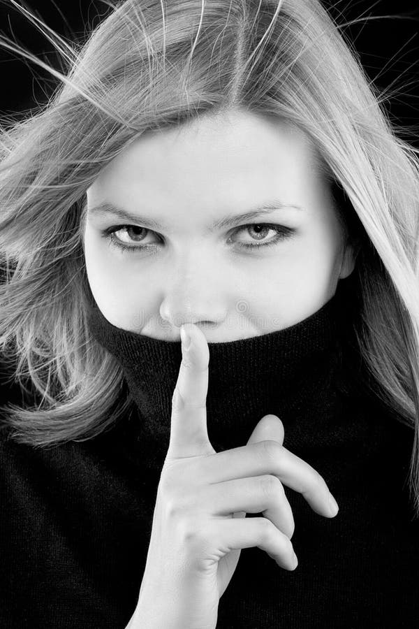 Girl Making a Hush Gesture (black and White) Stock Image - Image of ...