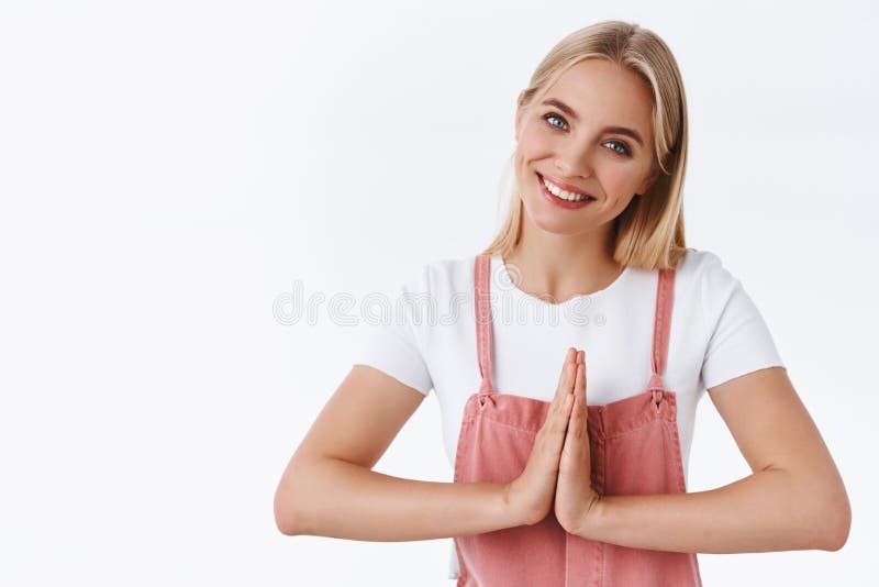 Girl Making Innocent Angelic Look Press Palms Together In Pray Like