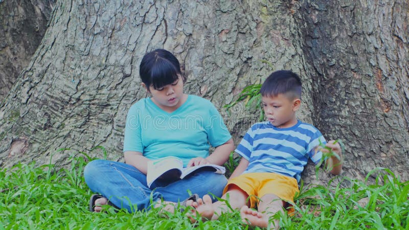 A Girl and a Man Reading a Book on a Swing in the Garden Stock Footage ...