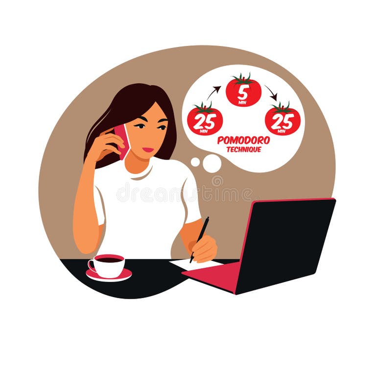 Girl Manager Working with Computer Using Time Management. Pomodoro Technique Concept. Vector ...