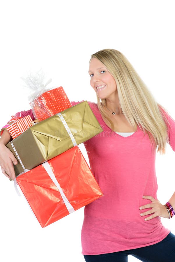 Girl with Many Present Boxes Shows Thumb Up Stock Image - Image of girl ...