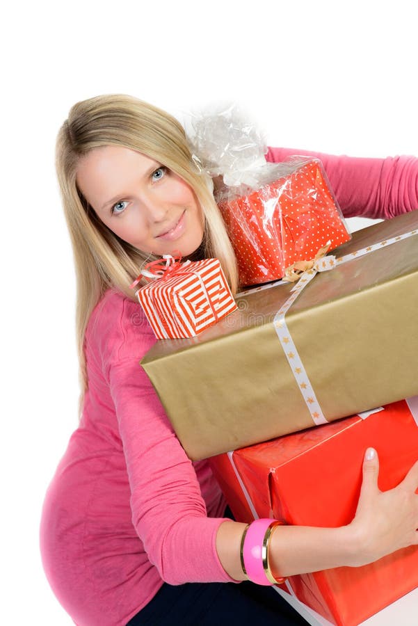 Girl with Many Present Boxes Shows Thumb Up Stock Photo - Image of ...