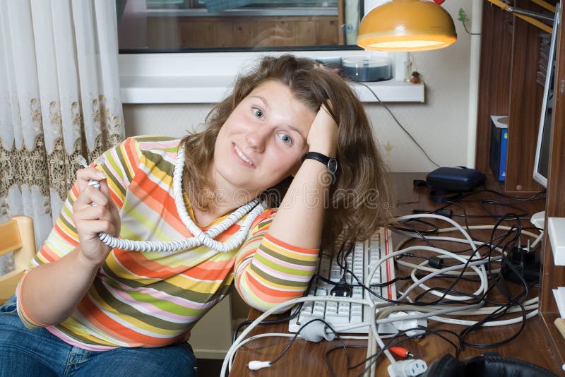 Girl with many wires stock image. Image of home, communications - 9644977