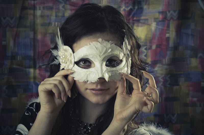 Girl in a mask stock photo. Image of hair, leaf, dark - 9113140