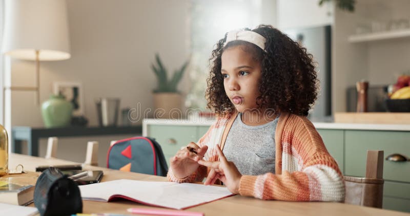 Girl, Math Homework and Book in Kitchen for Learn with Child ...