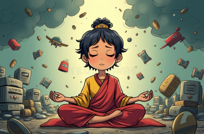 Girl Meditates while Surrounded by Chaos and Distractions, Maintaining ...