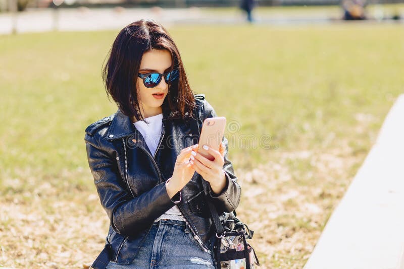 Girl Messaging on Phone and Smiling Stock Image - Image of happy ...