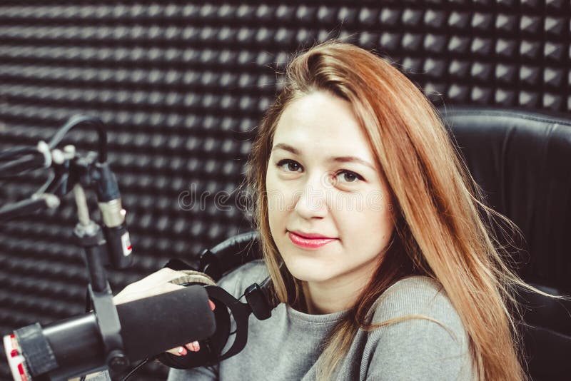 The Girl at the Microphone in the Studio Stock Image - Image of discuss ...