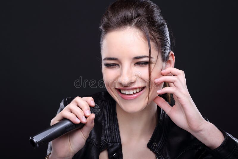 Beauty Model Girl with a Microphone Stock Photo - Image of expression ...