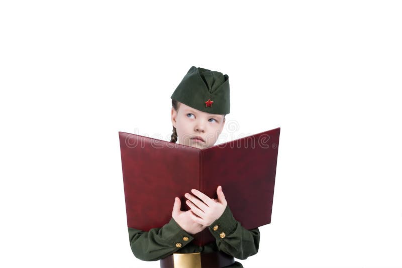 Girl in Military Uniform Reading a Folder, Isolated on White Stock ...
