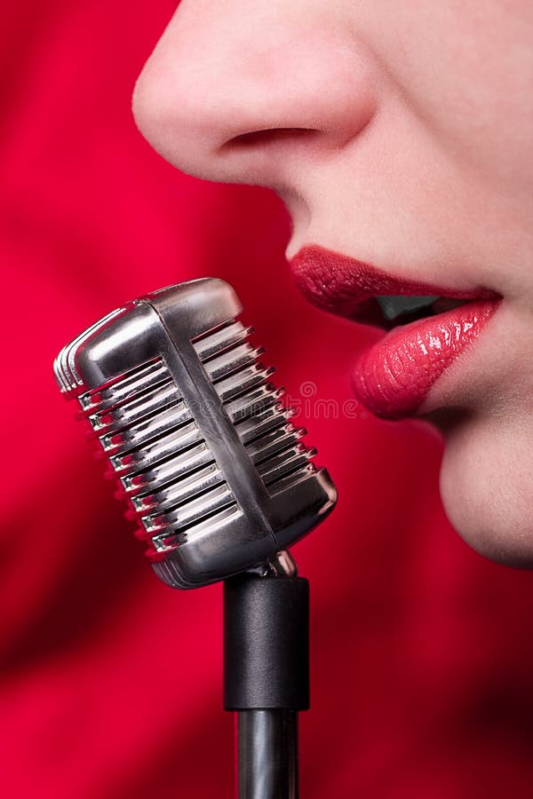 Red Lips Beauty Singing with Retro Mic Stock Photo - Image of ...