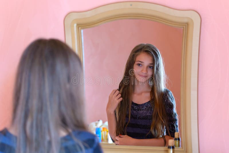 Girl and mirror stock image. Image of fashion, smile - 57363977
