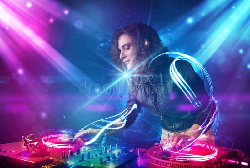 Girl Mixing Music with Powerful Light Effects Stock Illustration ...