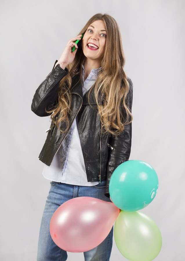 Girl Model in Studio with Balloons and Cell Phone Stock Image - Image ...