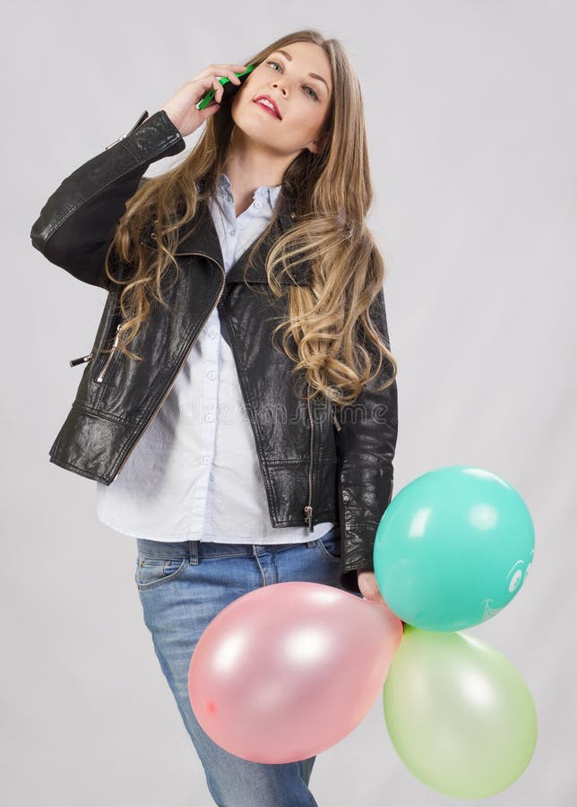 Girl Model in Studio with Balloons and Cell Phone Stock Image - Image ...