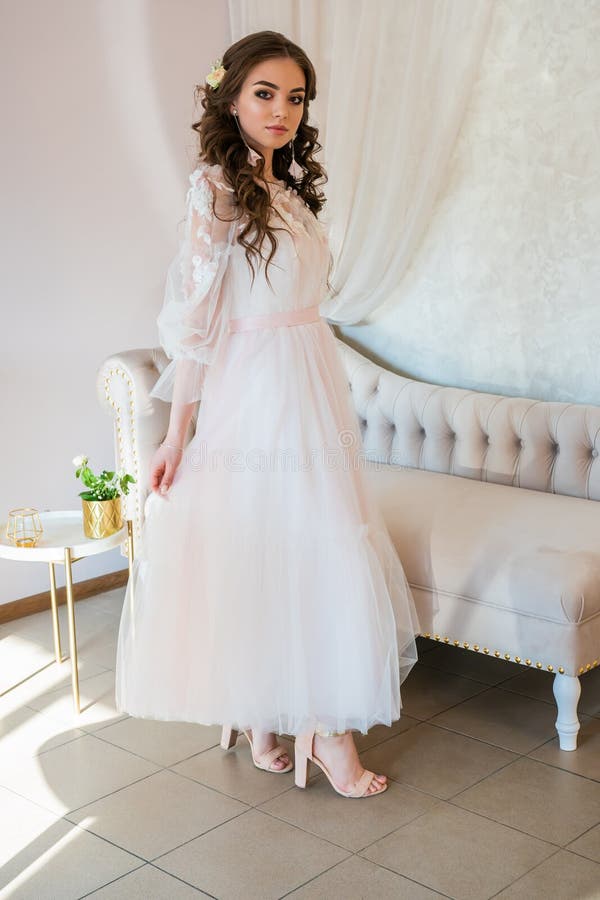 Girl Model in a White Festive Dress. Stock Photo - Image of healthy ...