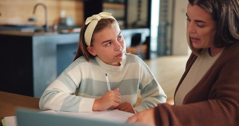 Girl, Mom and Help with Homework, Teaching and Support for Development with Education at Kitchen ...