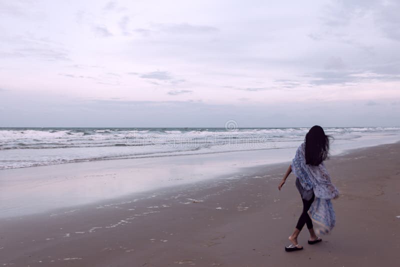 The Girl Morning Beach Walk, Sunrise Stock Image - Image of outdoor ...