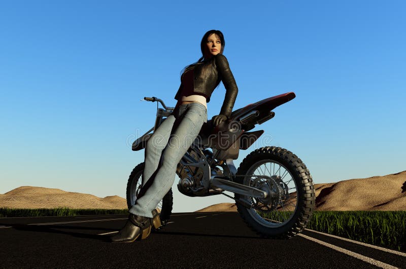 Attractive Biker Girl Sits on Her Motorcycle in the Desert Stock ...