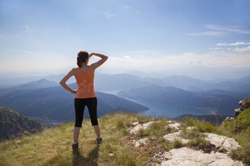 Girl on Mountain Top Looking Stock Photo - Image of hiker, outdoors ...