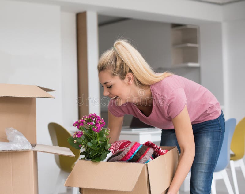 Girl Moving in the New Apartment Stock Image - Image of package, beauty ...