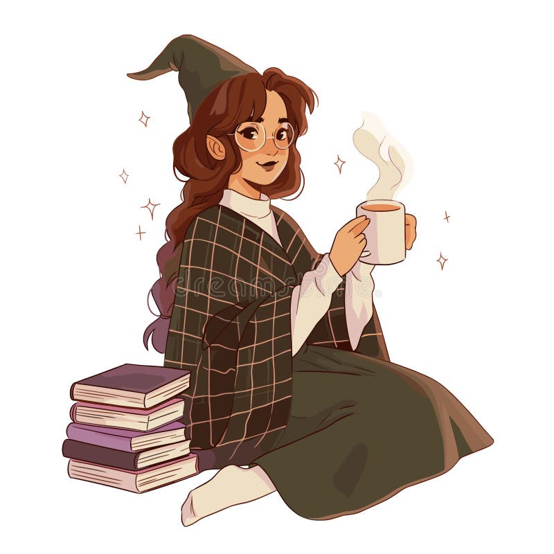 Cute Bookish Witch Enjoying a Warm Drink - Fantasy Illustration Stock ...