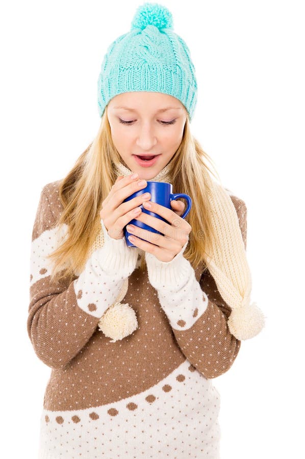 Girl with a Mug and a Winter Hat Stock Photo - Image of beanie ...