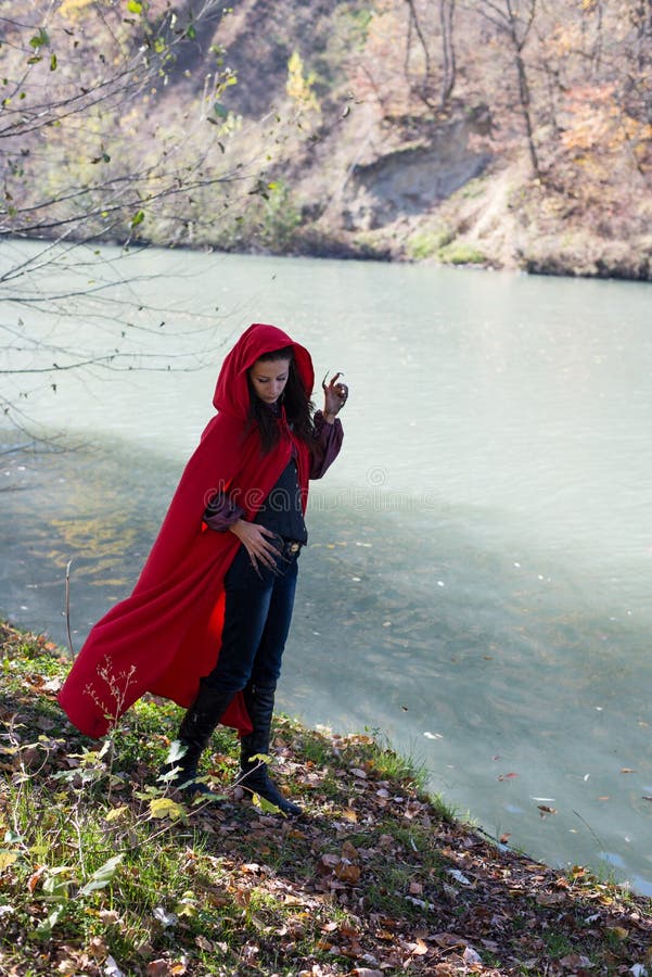 Girl on the Nature in a Red Cloak Stock Image - Image of dress ...