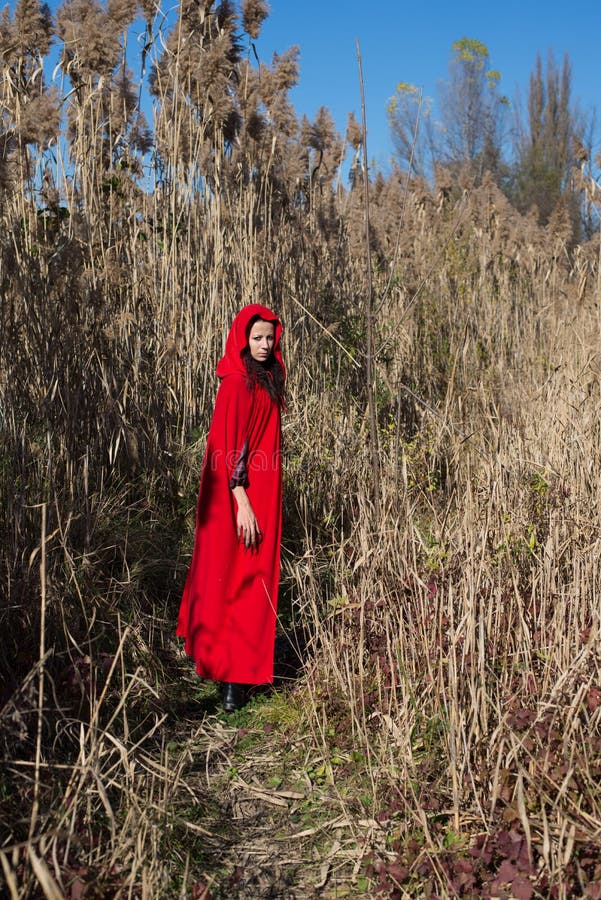Girl on the Nature in a Red Cloak Stock Image - Image of brunette ...