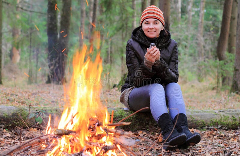 Girl near the fire stock photo. Image of forest, entertainment - 46337872