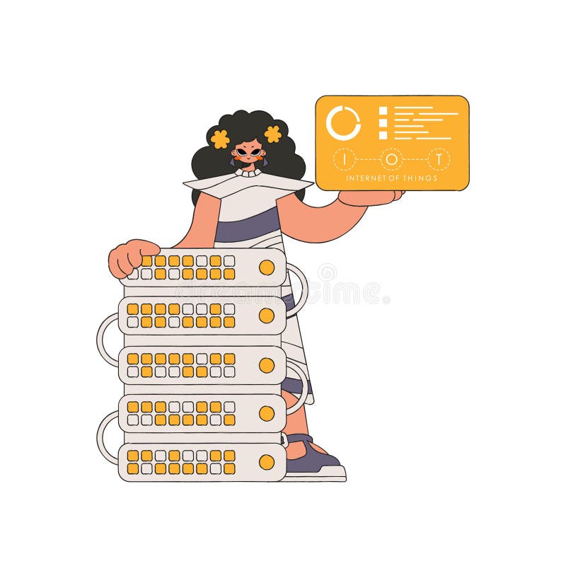 Girl Near Server, Logo of Internet of Things in Her Hands. Stock Vector ...