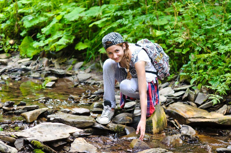 Girl Near Stream Water in Mountain. Stock Photo - Image of forest ...