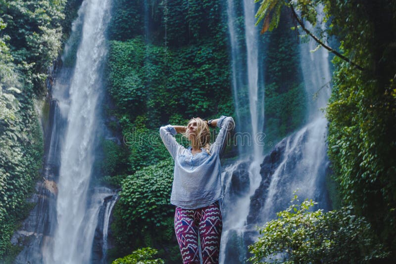 Girl near waterfall stock image. Image of view, woman - 85152035
