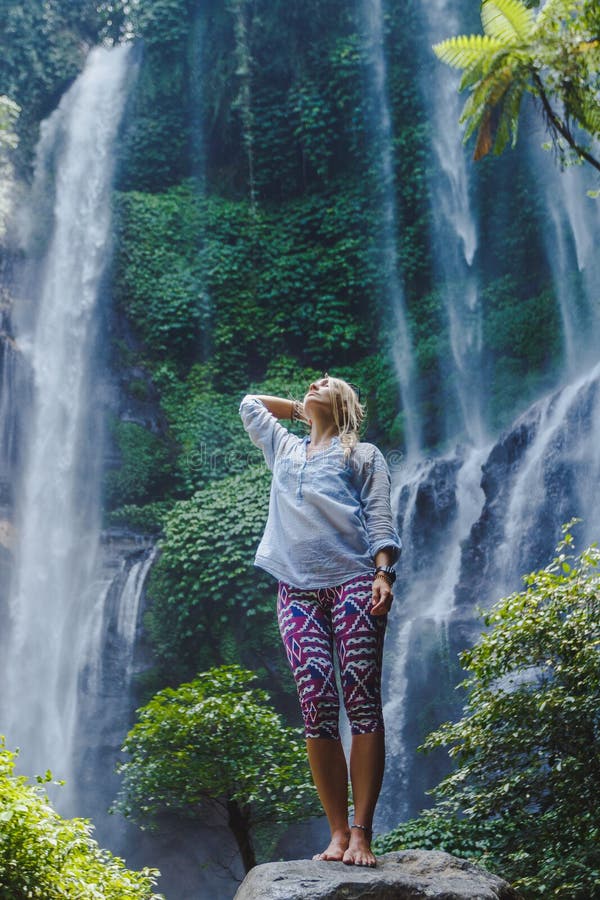 Girl near waterfall stock image. Image of view, woman - 85152035