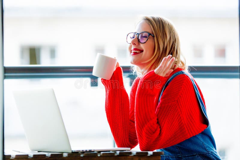 Girl with Notebook Computer Sitting and Working Stock Image - Image of ...
