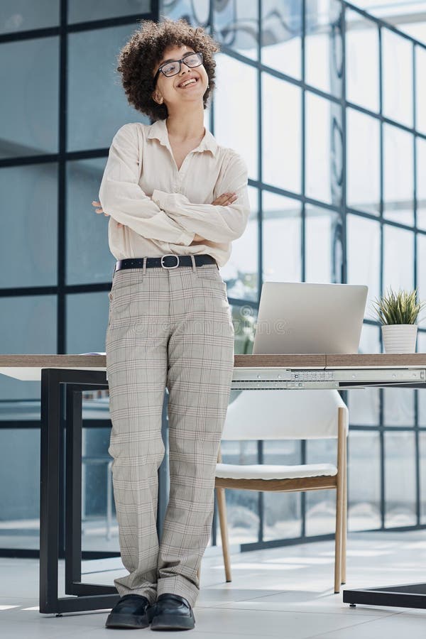 Girl in the Office Smiles Expresses Success and Leadership is Thinking ...