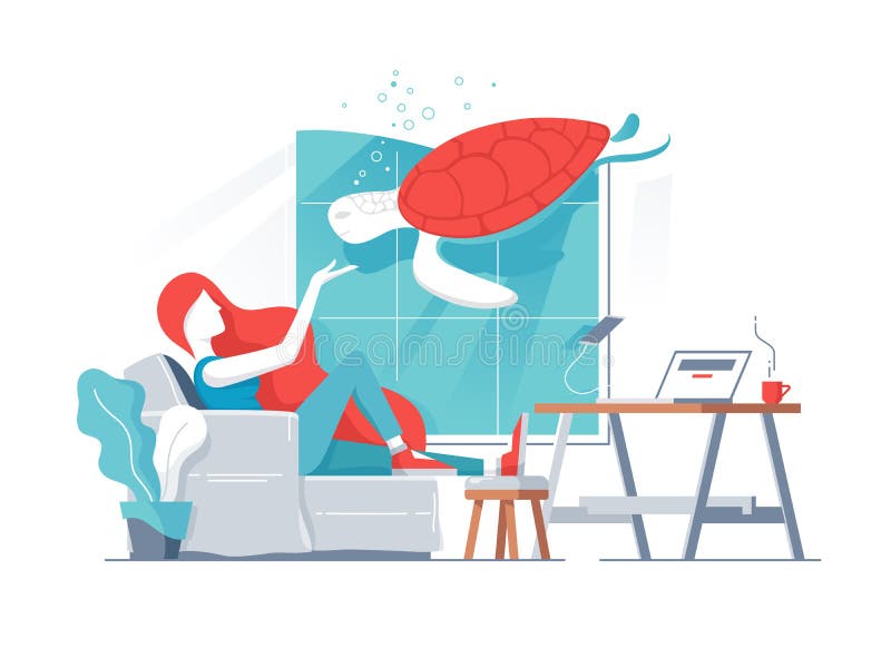 Girl in Office with Turtle in Aquarium Stock Vector - Illustration of ...