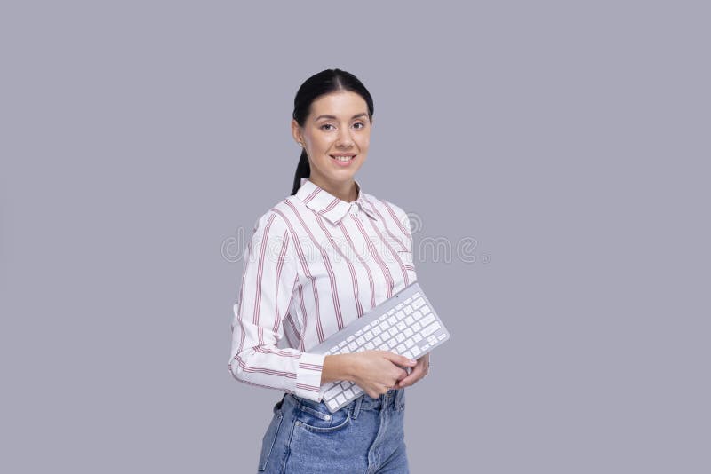 Girl Office Worker Holding Keyboard in Hands Girl Isolated Stock Image ...
