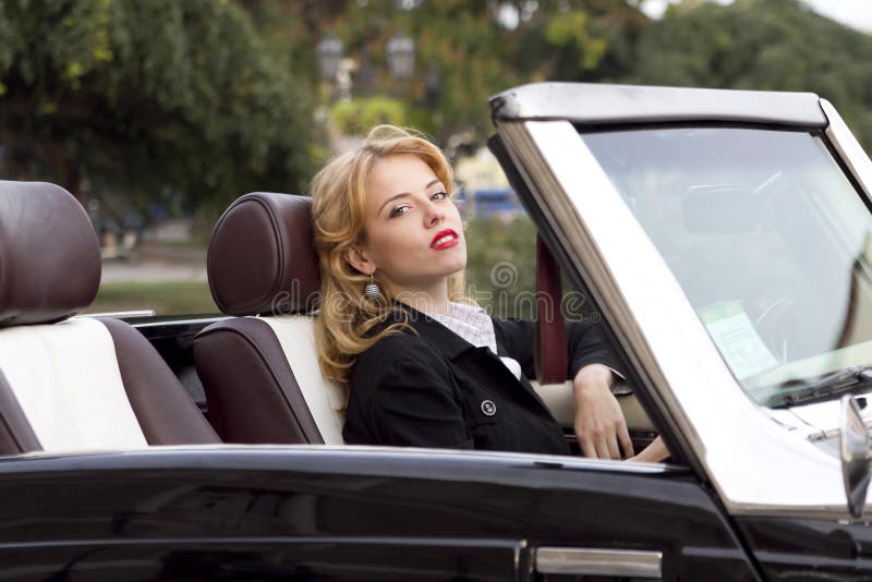 Girl in an old car stock photo. Image of street, lipstick - 32161604